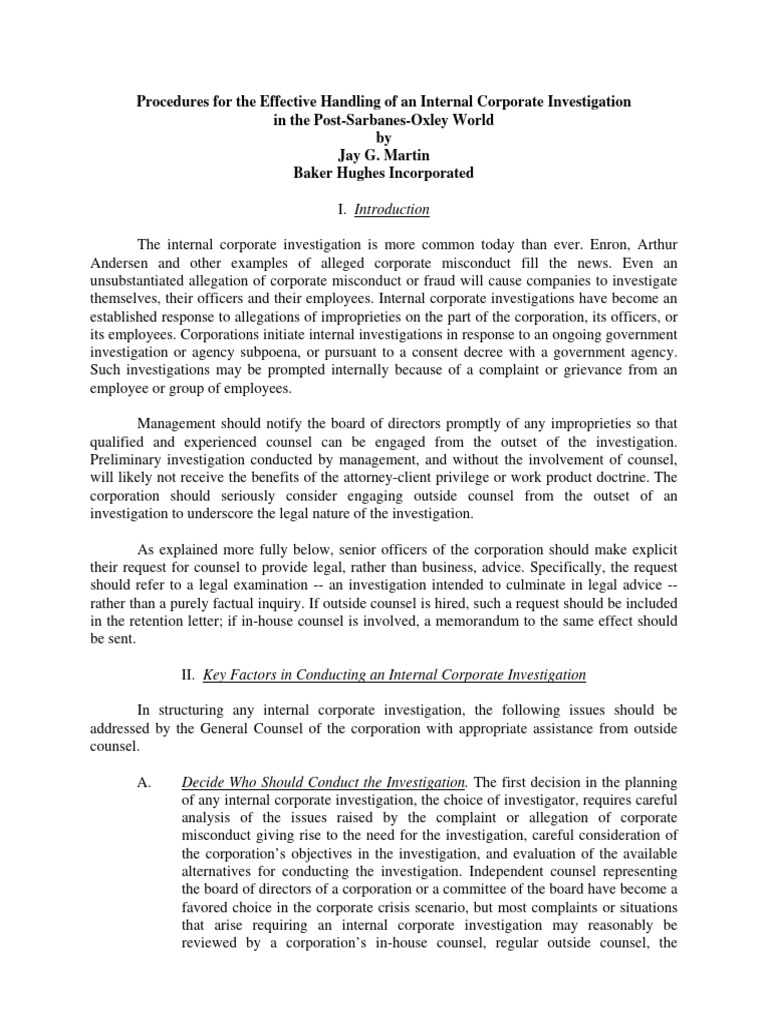 Effective Internal Investigation Post SOX Era | PDF | Attorney–Client ...