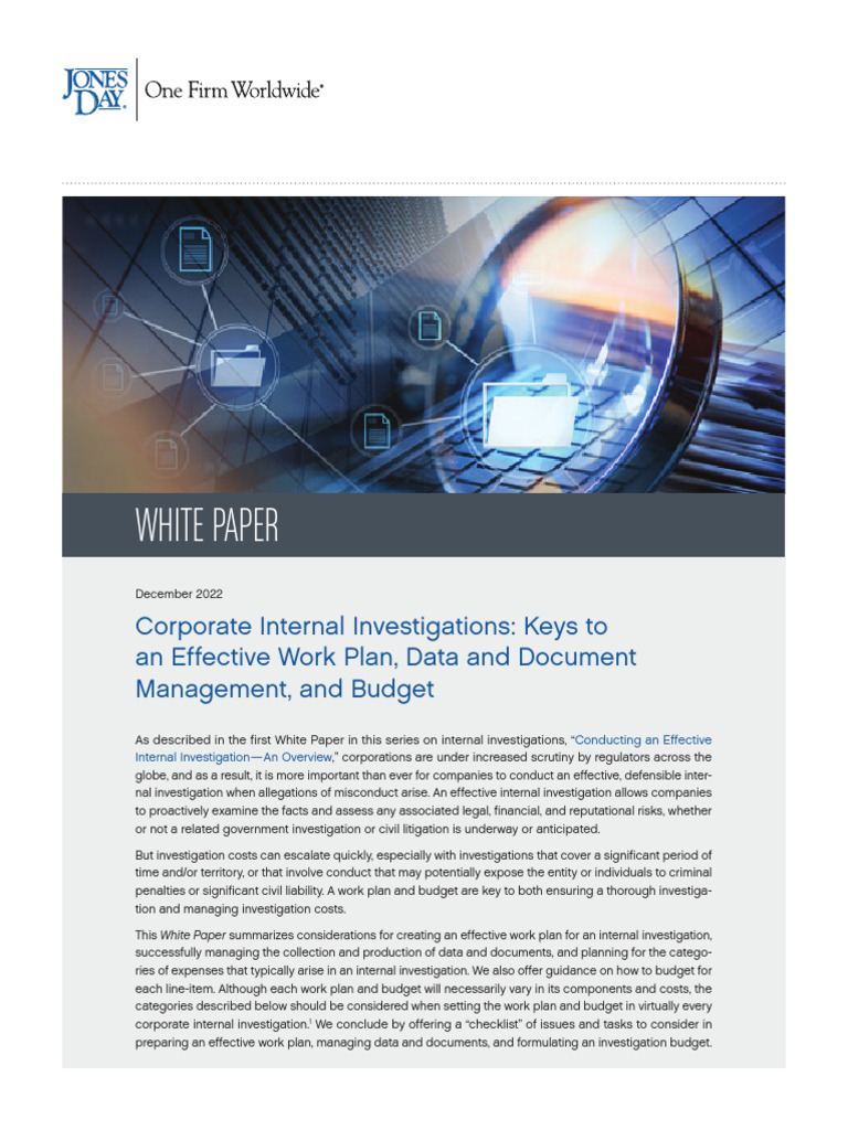 Internal Investigation Work Plan Guide | PDF | Audit | Discovery (Law)