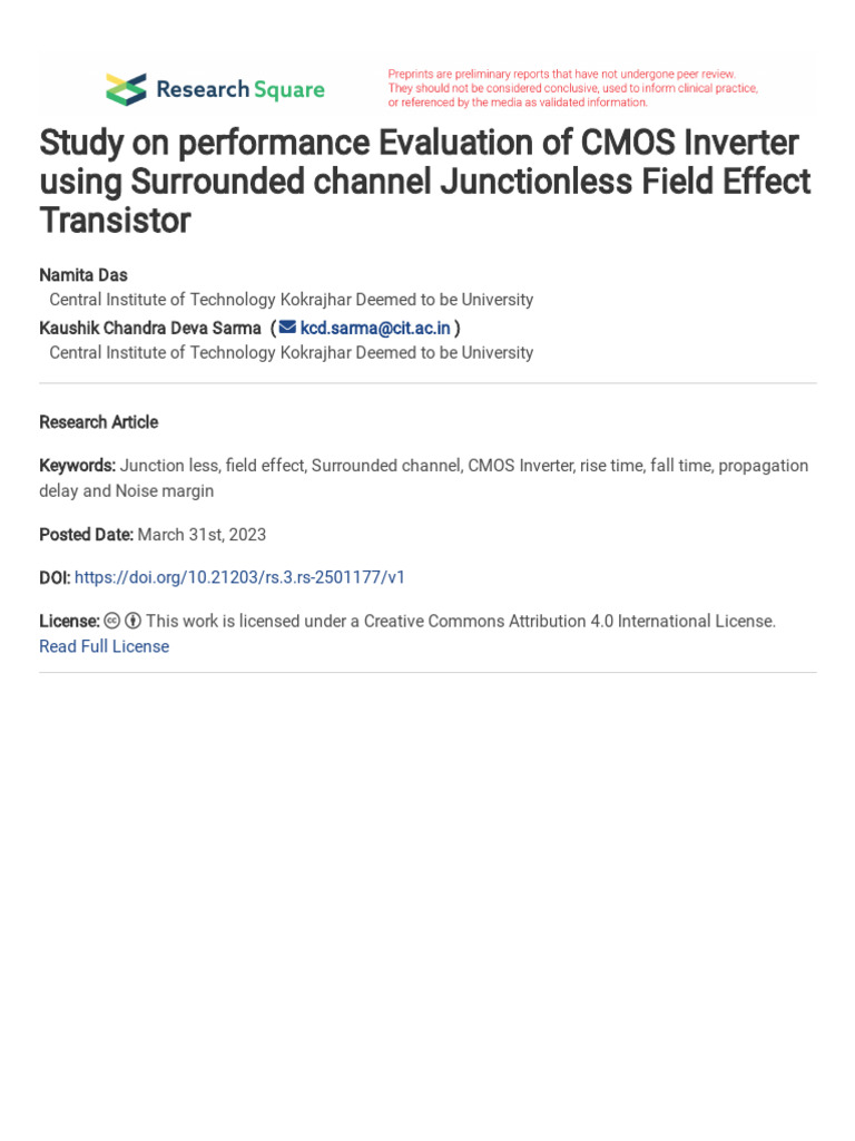Study On Performance Evaluation of CMOS Inverter U | PDF | Field Effect Transistor | Mosfet