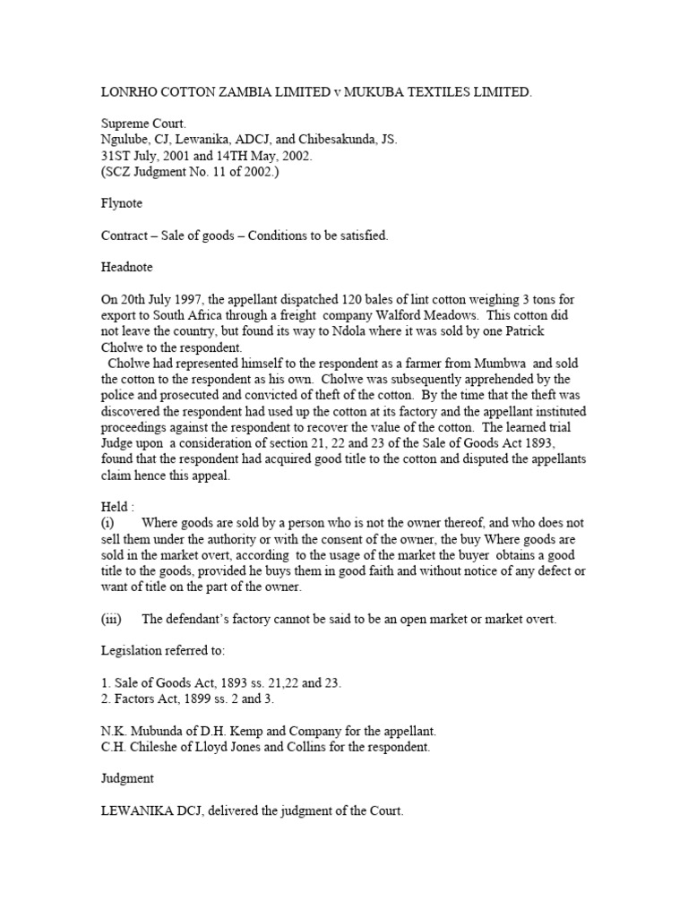 LONRHO COTTON ZAMBIA LIMITED V MUKUBA TEXTILES LIMITED | PDF | Common ...