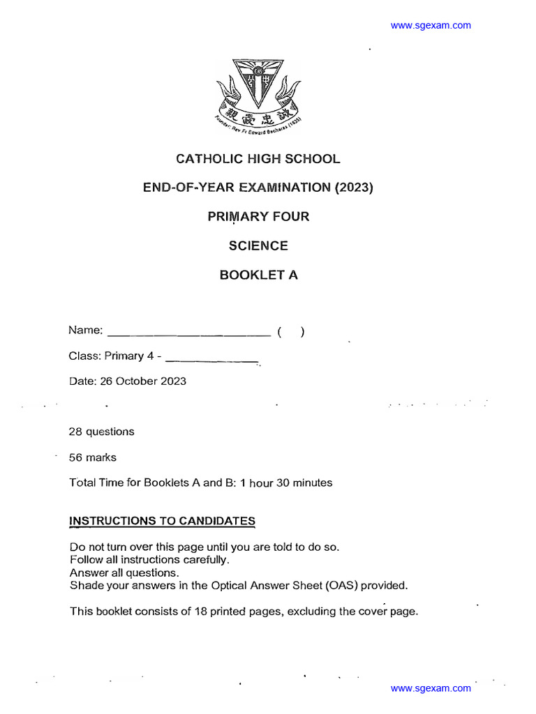 2023-P4-Science-End Of Year Exam-Catholic High | PDF | Water ...
