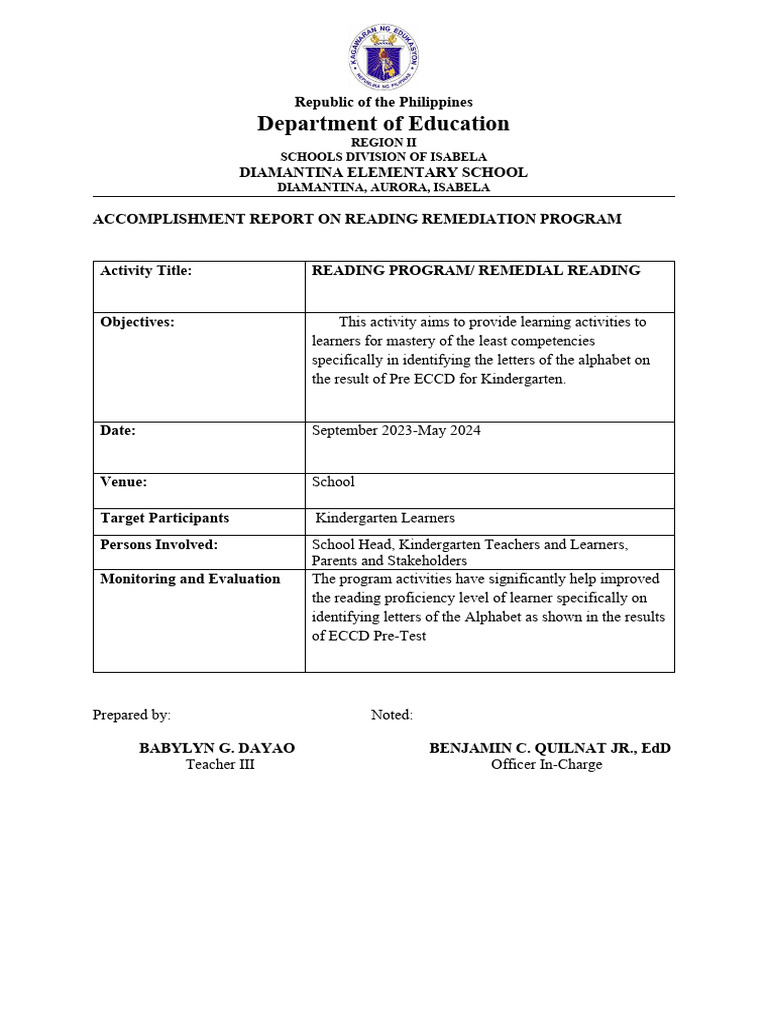 RPMS ACCOMPLISHMENT AND NARRATIVE REPORT READING PROGRAM (1) | Download Free PDF | Learning ...