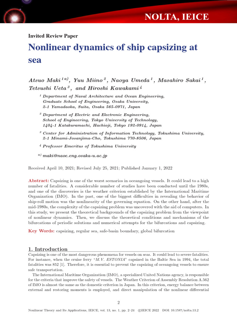 Nonlinear Dynamics of Ship Capsizing at Sea: Nolta, Ieice | PDF | Chaos Theory | Nonlinear System