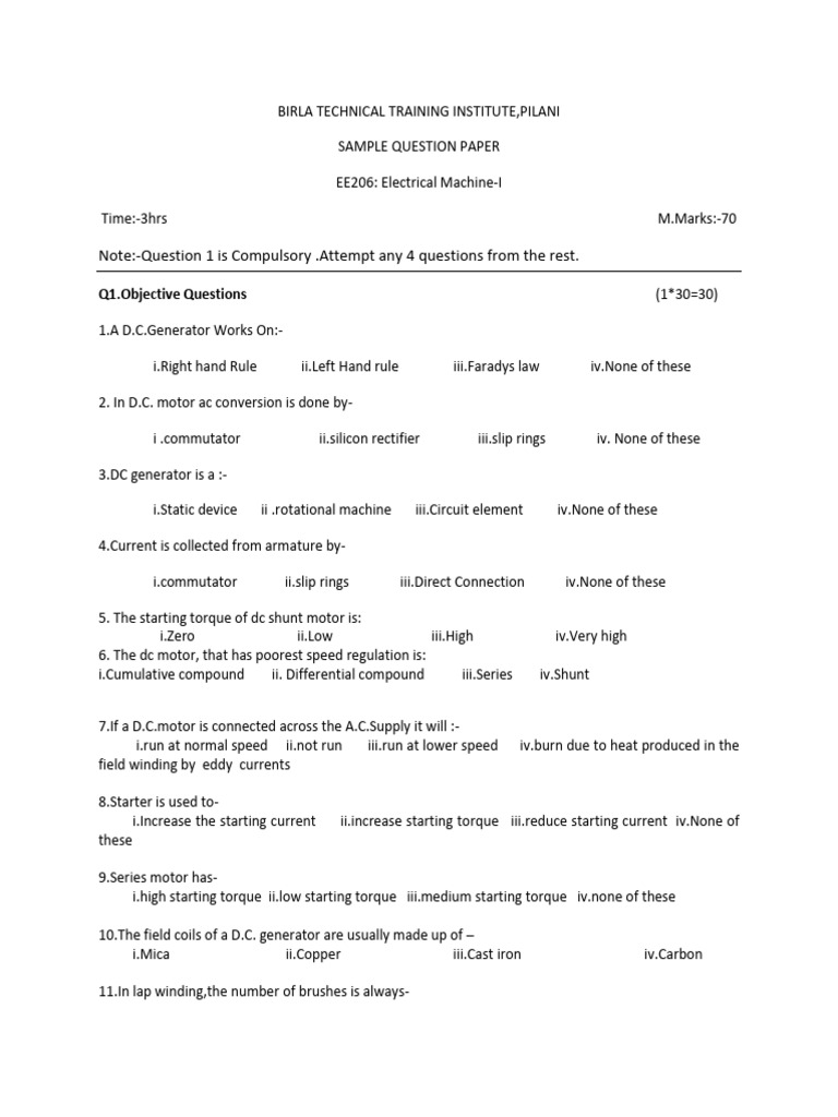 EE 206 Sample Paper | PDF | Electric Motor | Electric Generator