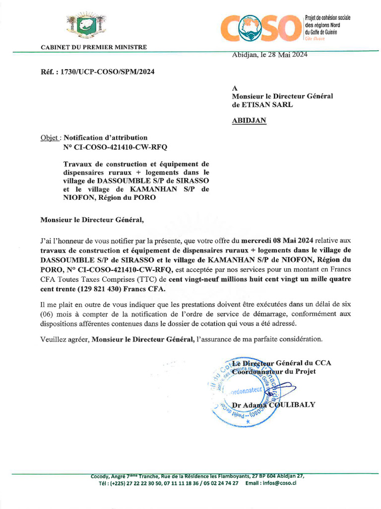 LETTRE D'ATTRIBUTION DE MARCHE | PDF