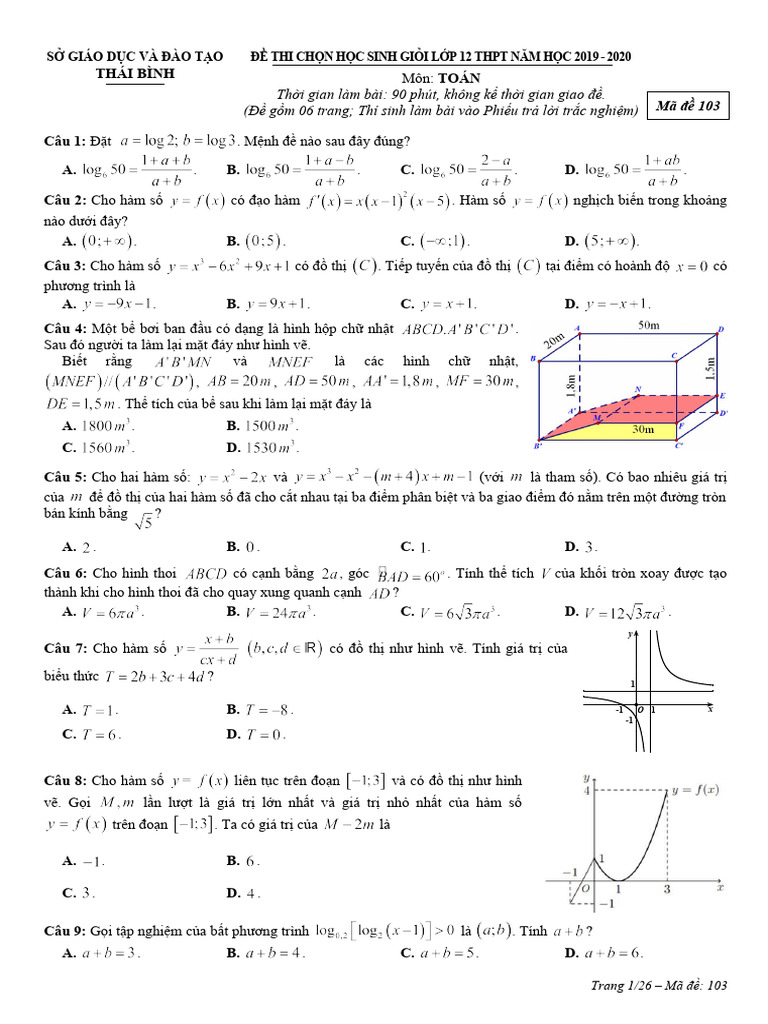 De Chon Hoc Sinh Gioi Toan 12 THPT Nam 2019 2020 So GDDT Thai Binh | PDF