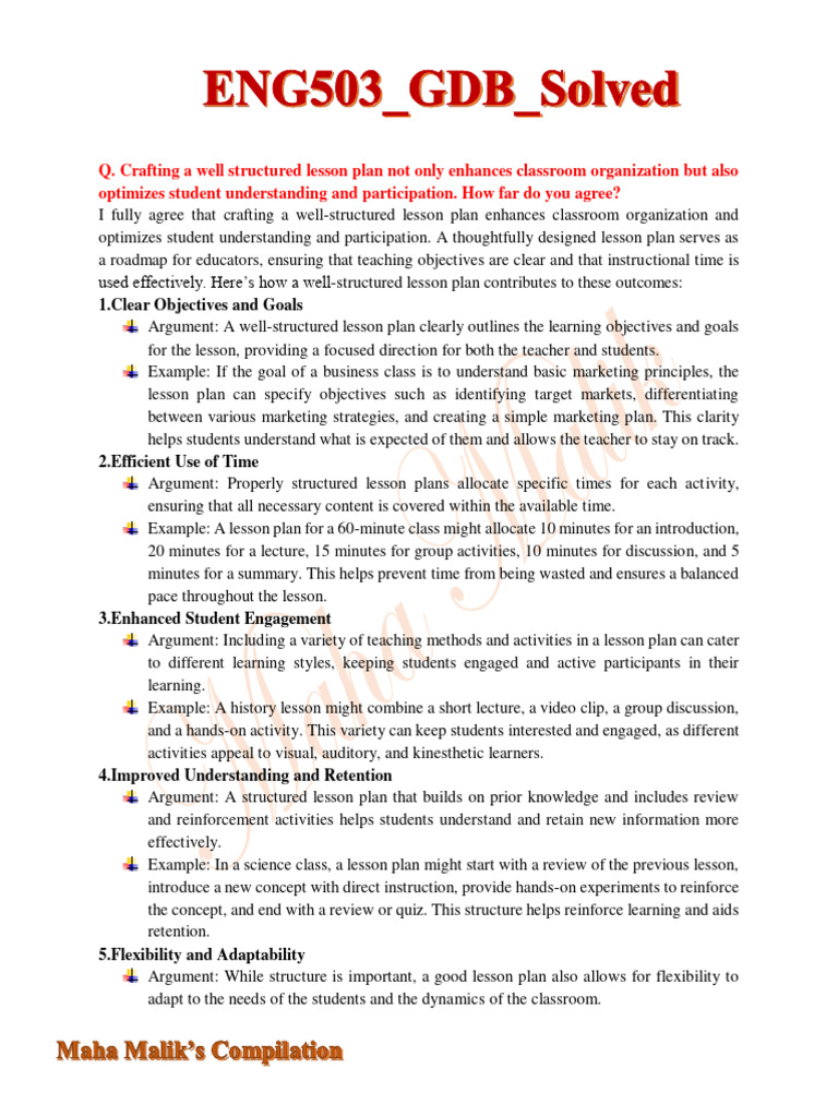 ENG503 - GDB - Sample Solution | PDF | Lesson Plan | Teachers