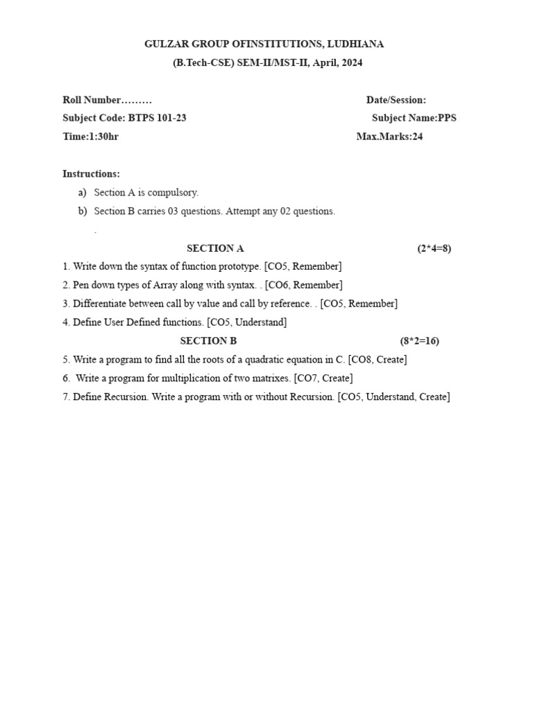 B.Tech 2nd Sem PPS Exam Paper | PDF | Teaching Methods & Materials | Technology & Engineering