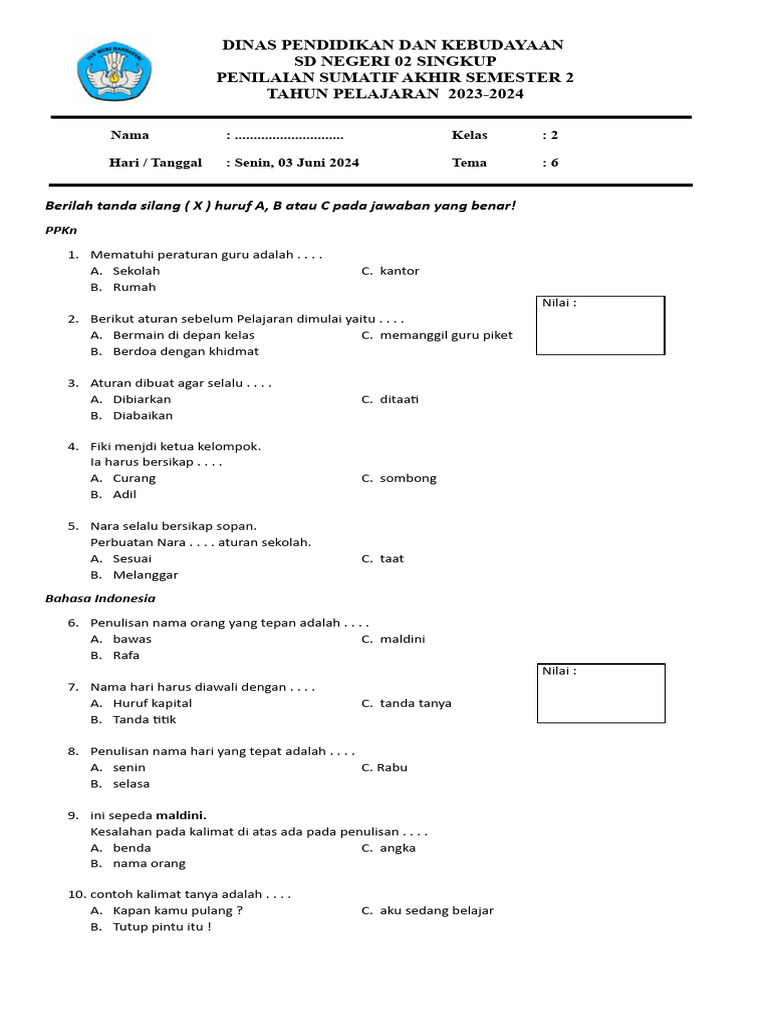 Soal T 6 Kls 2 SMTR 2 | PDF