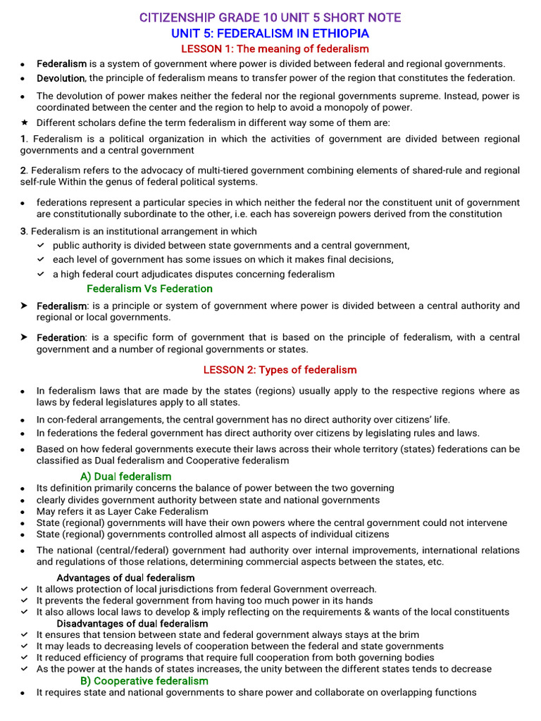 Federalism in Ethiopia: Grade 10 Overview | PDF | Federalism | State ...