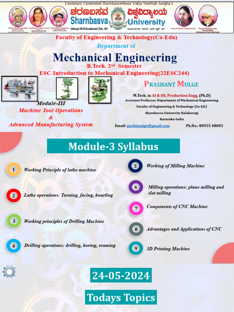 Module-3 22esc244 Introduction to Me-prof.prashant Mulge | PDF | Drilling | Machining