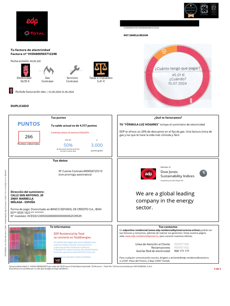 Spain EDP Utility Bill Word and PDF Template | PDF