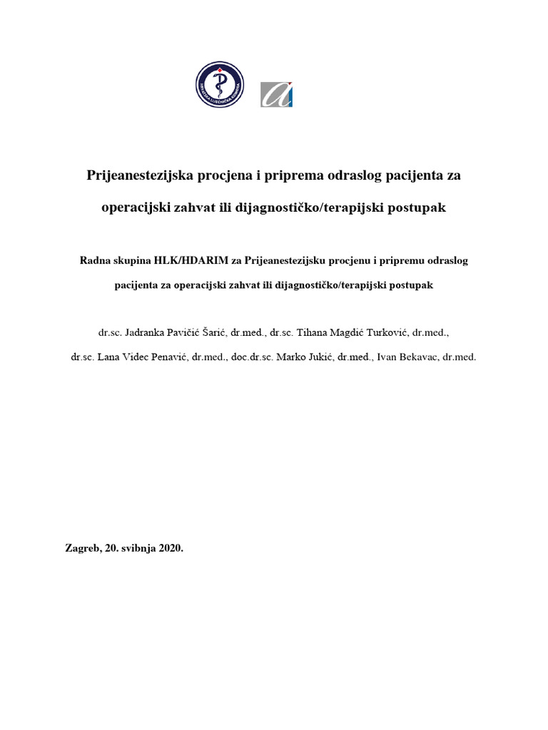 Prijeanestezijska Procjena I Priprema Odraslog Pacijenta Za Operacijski Zahvat 2020 | PDF