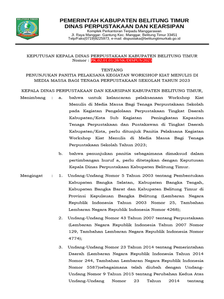 Penunjukan Panitia Pelaksana Kegiatan Workshop Kiat Menulis Di Media