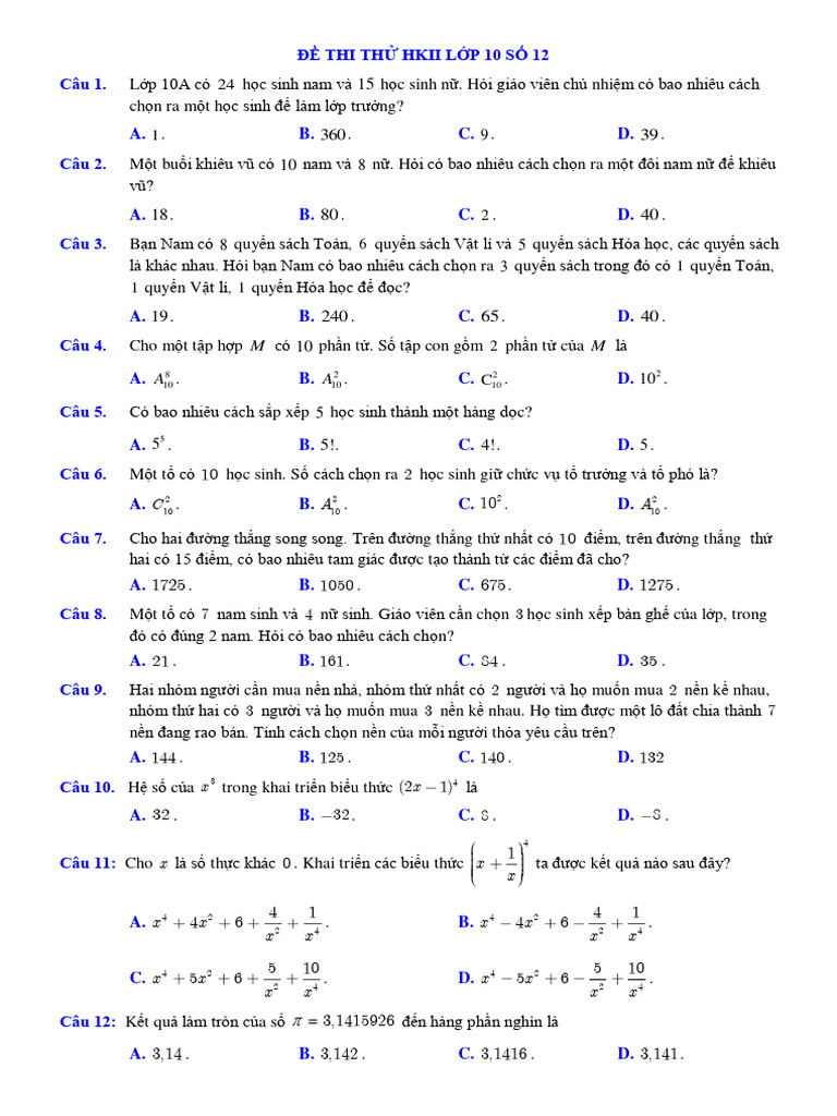 ĐỀ THI THỬ HKII LỚP 10 SỐ 12 | PDF