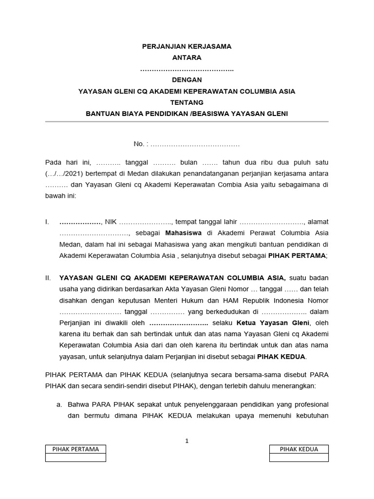 Perjanjian Kerjasama Yayasan Gleni Dengan Mahasiswa | PDF | Bisnis | Pengelolaan Keuangan & Uang