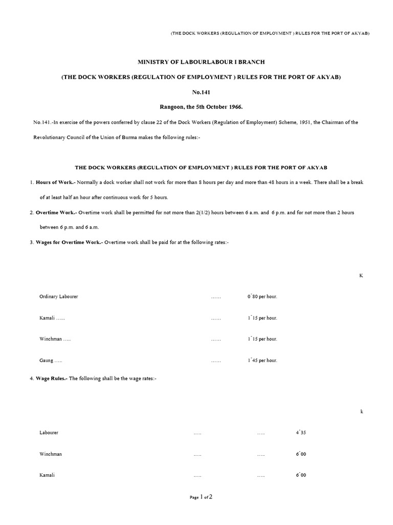 Dock Workers Employment Rules Akyab | PDF | Overtime | Employment