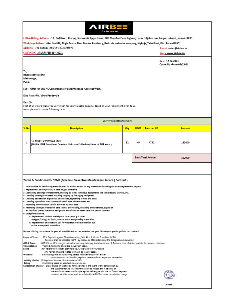 AIRBEE Offer AC CMC Work 2023-24 | PDF | Temperature | Electromechanical Engineering