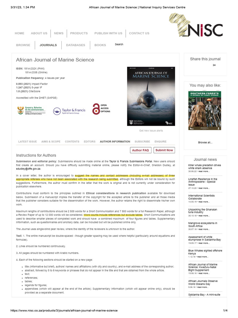 African Journal of Marine Science - Instructions For Authors | PDF ...