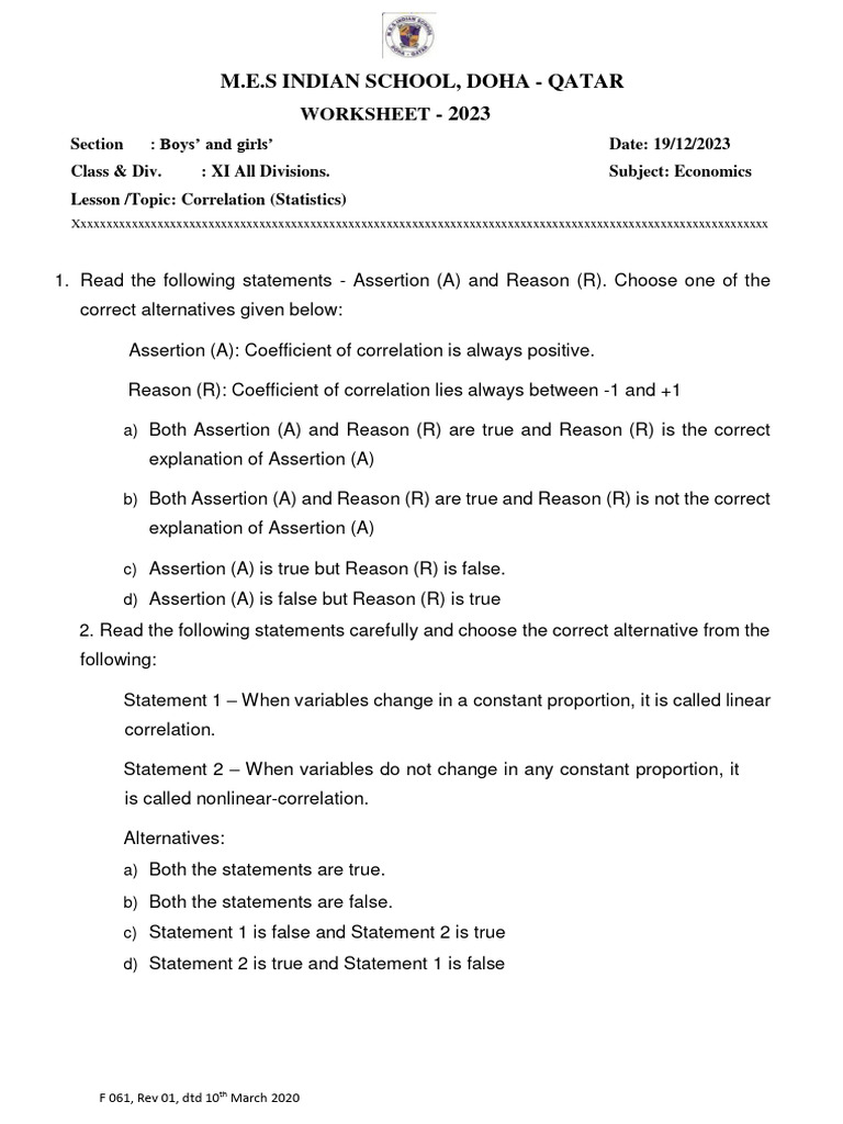 Economics Worksheet, Class 11 Correlation - 2023 | PDF | Statistical ...