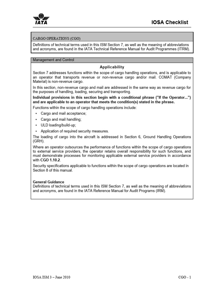 IOSA Cargo Operations Checklist | PDF | Dangerous Goods | Risk