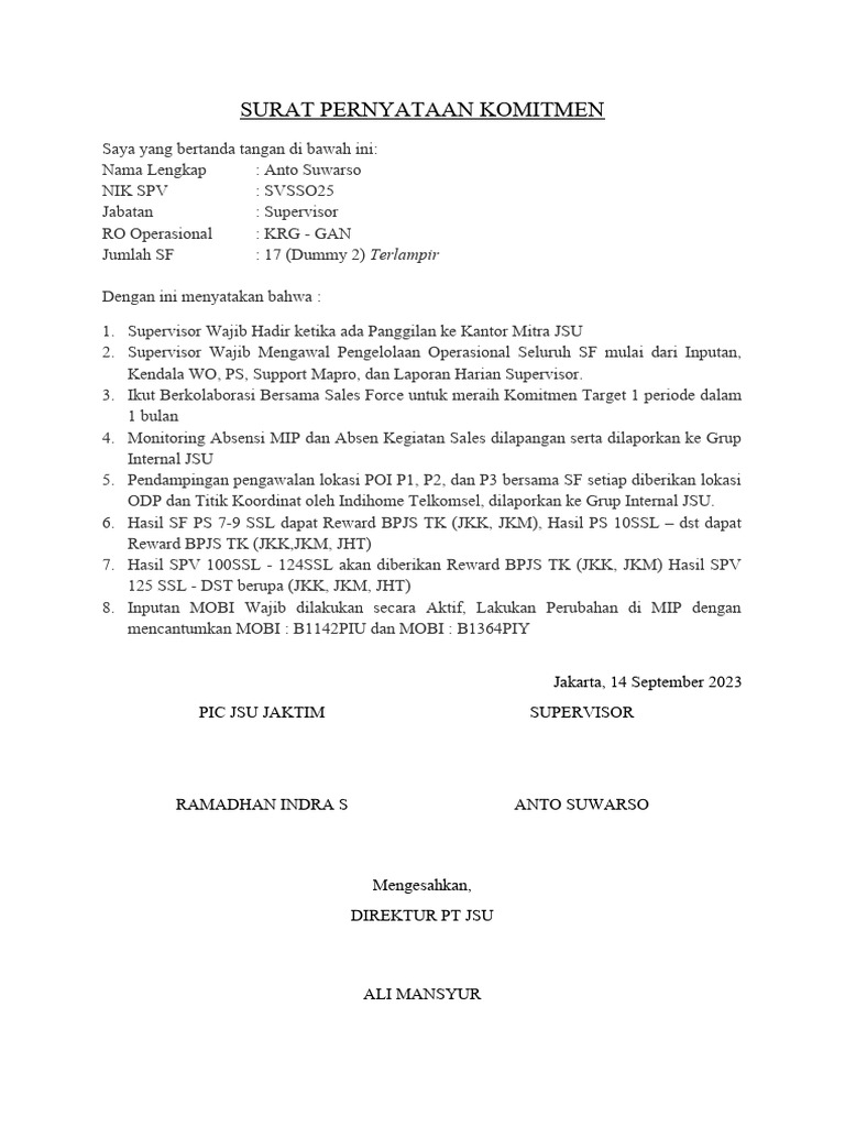 Surat Pernyataan Komitmen | PDF