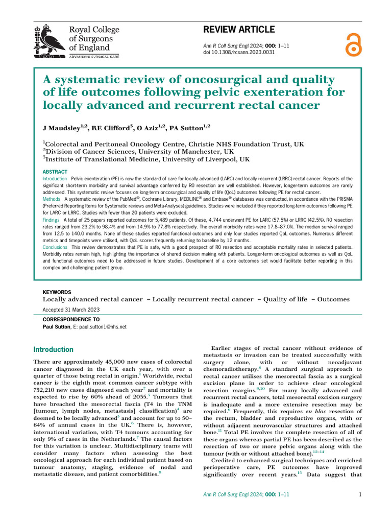 Maudsley Et Al 2024 A Systematic Review of Oncosurgical and Quality of Life Outcomes Following ...
