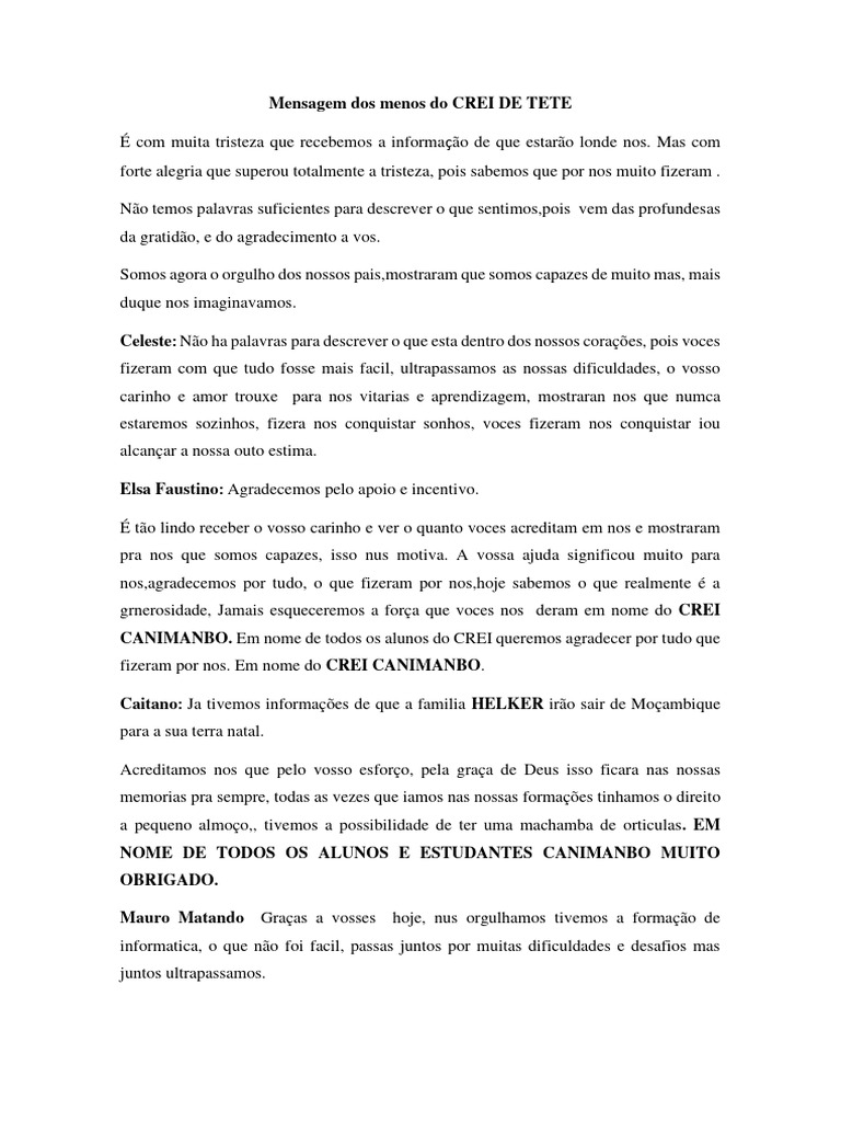 Agradecimento do CREI Canimanbo em Tete | PDF | Amor | Deus