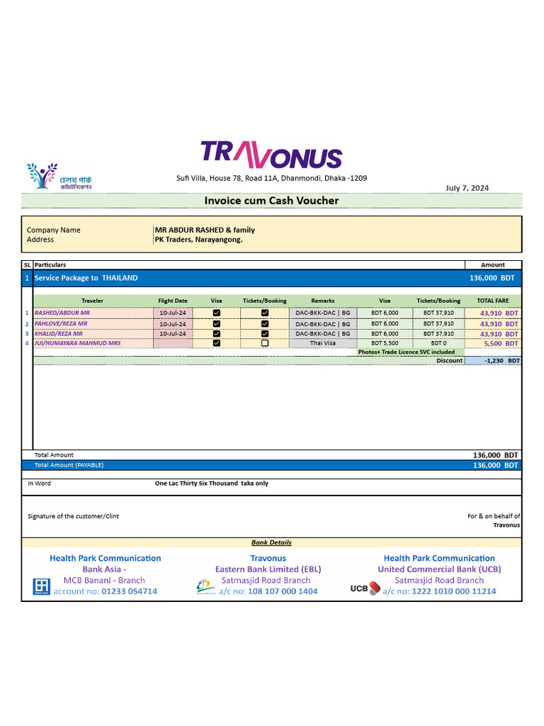 Invoice for Abdur Rashed's Thailand Trip | PDF | Money