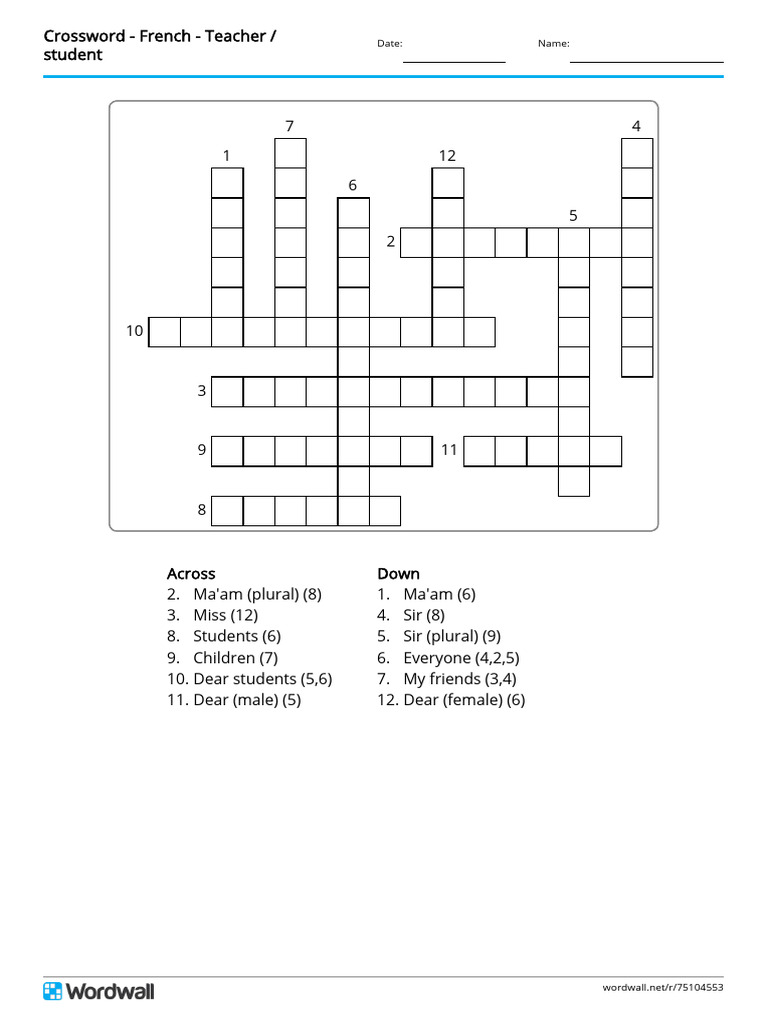 French Teacher and Student Crossword | PDF