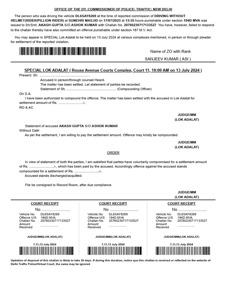 Ashwani Old Scooty Challan | PDF | Traffic Ticket | Government Of India