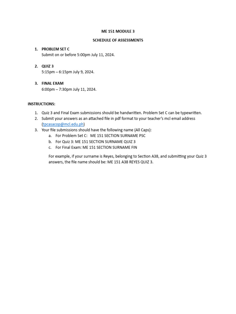 Me 151 Mod 3 Schedule of Assessments | PDF | Teaching Methods & Materials