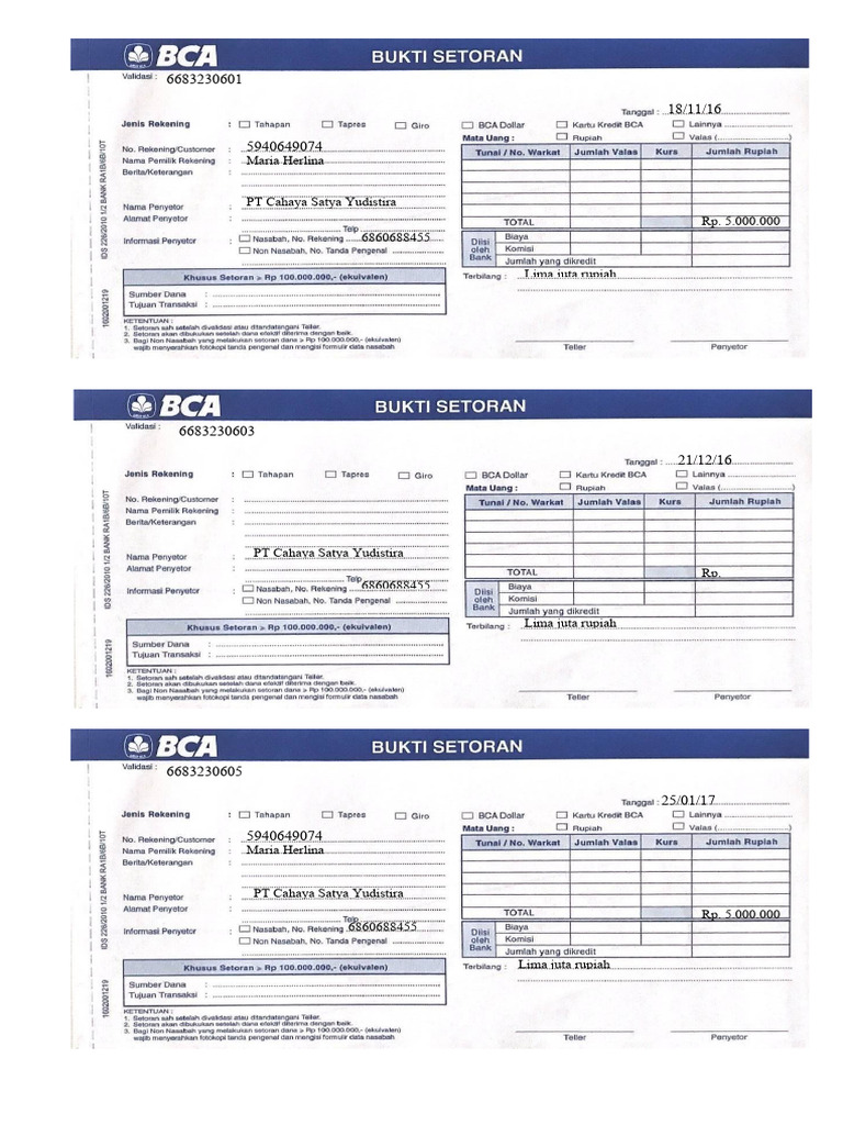 Slip Transaksi Bca PT Cahaya Satya Yudistira | PDF | Indonesian Rupiah ...