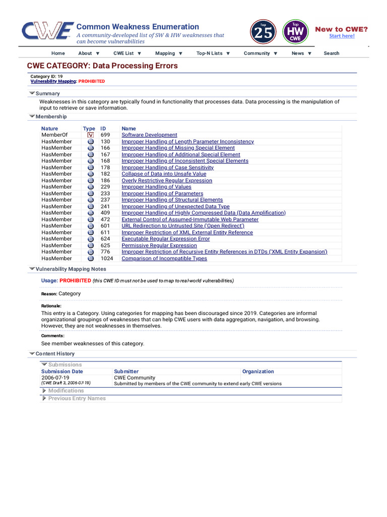 CWE - CWE-19 - Data Processing Errors (4.14) | PDF | Xml | Computing