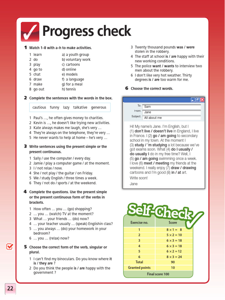 Jane's English Progress Check Exercise | PDF | Linguistic Typology | Grammar