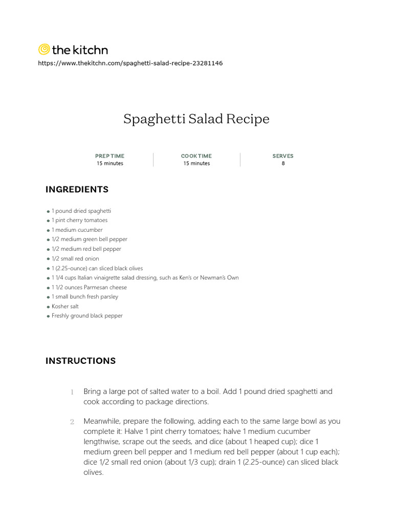 Spaghetti Salad Recipe | PDF