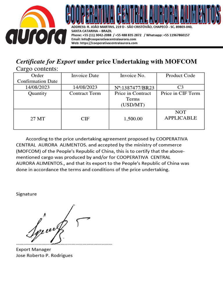 Mofcom Certificate Aurora | PDF