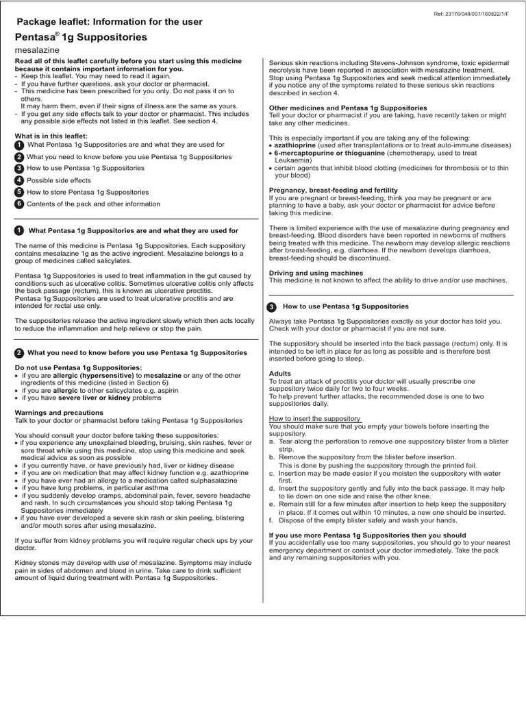 Pentasa 1g Suppositories: Package Leaflet: Information For The User | PDF | Rectum | Allergy