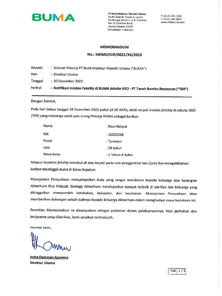 2023-12-MEMO DIR 021 Notifikasi Insiden Fatality Di BUMA Jobsite GEO - PT Tanah Bumbu Resources ...