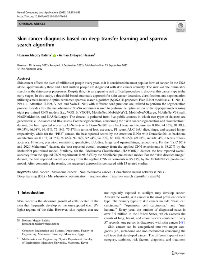 (11 Skin Cancer Diagnosis Based On Deep Transfer Learning and Sparrow Search Algorithm | PDF ...