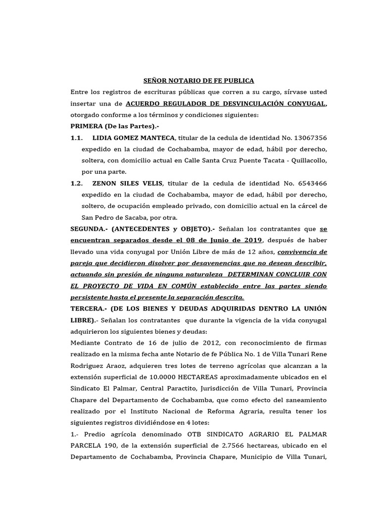 Acuerdo Regulador de Separación - Marlene Medrano | PDF | Documento de identidad | Ley común