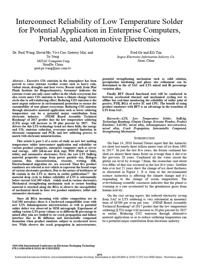 Interconnect Reliability of Low Temperature Solder For Potential Application in Enterprise ...