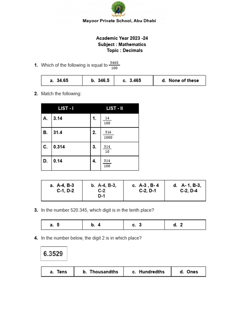 Decimal Practice Worksheet | PDF