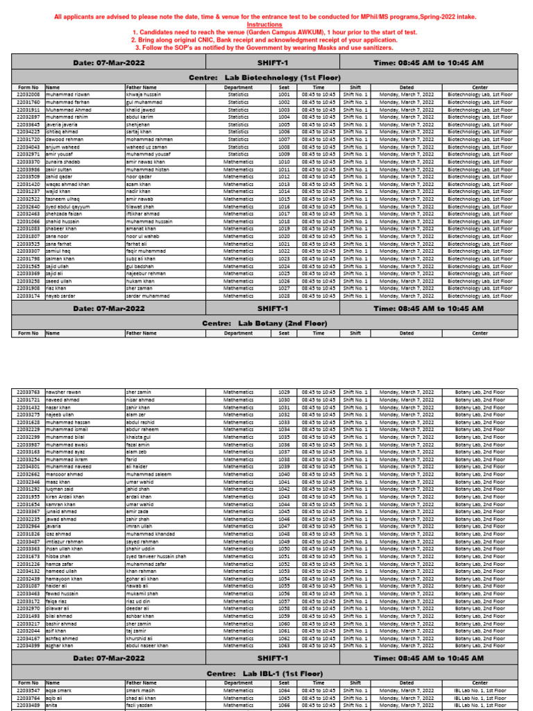 MS Mphil Test Schedule | PDF