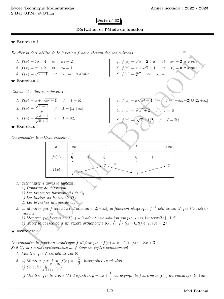 Serie N 02 - Derivation Et L'etude Des Fonctions - 2bac | PDF ...