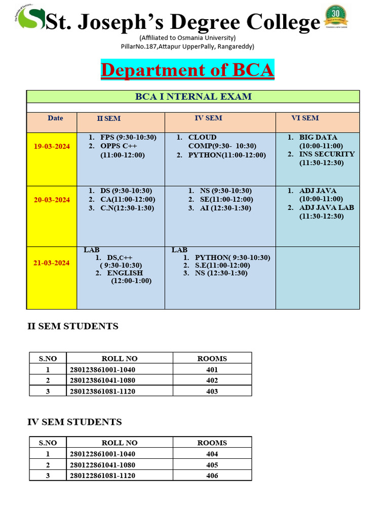 iNTERNAL TIME TABLE BCA | PDF | Computing