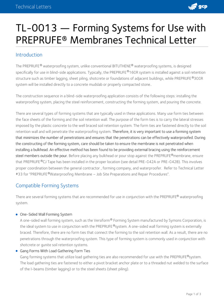 GCPAT TL 0013 Forming Systems Use Preprufe Membranes Technical Letter ...