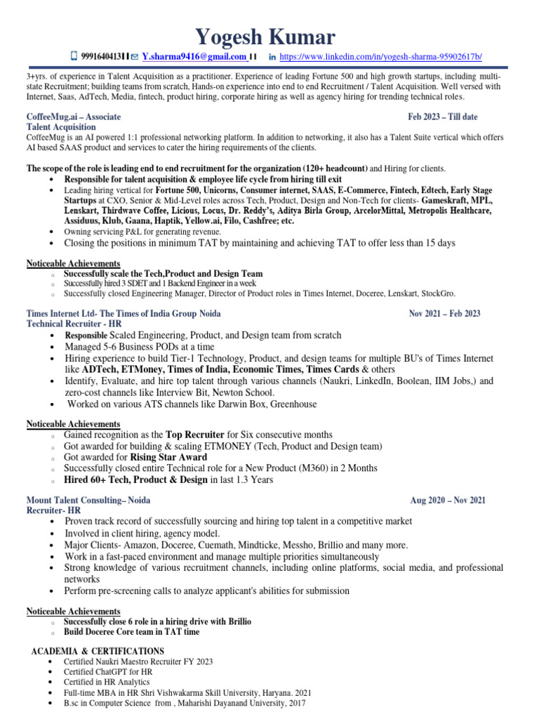 Yogesh TA Resume.. | PDF | Recruitment | Business