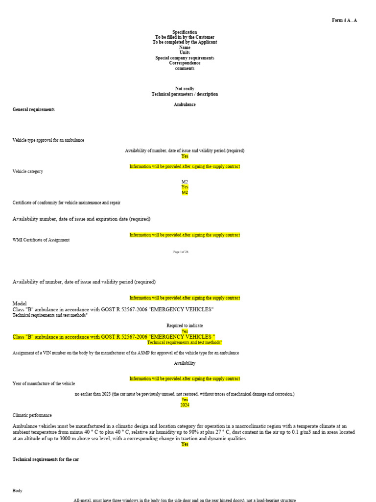 Ambulance Specification Form 4A | PDF | Door | Anti Lock Braking System