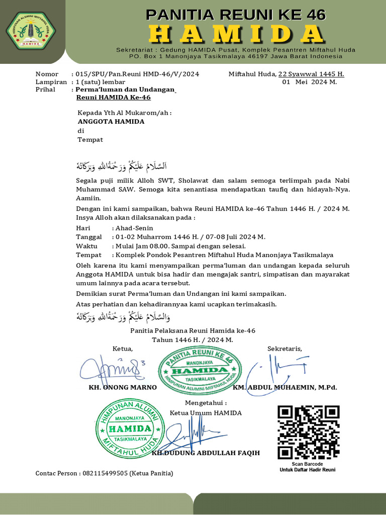 Surat Pema'luman Dan Undangan REUNI HAMIDA KE 46 OK | PDF
